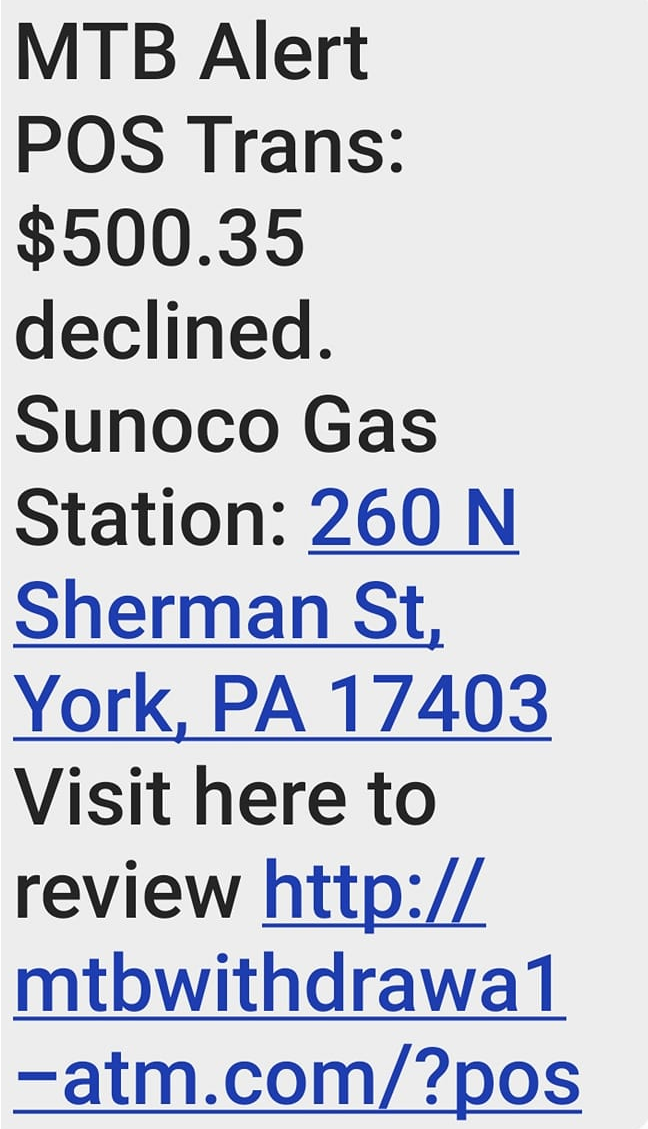 MTB Alert Scam Declined Transaction Text Message